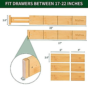 Mythco Adjustable Bamboo Drawer Dividers with Inserts and Liner, Expandable Drawer Organizer for Kitchen Large Utensils, Office Desk, Bedroom Dressers, Nightstand and Bathroom Vanity (17-22 inches)