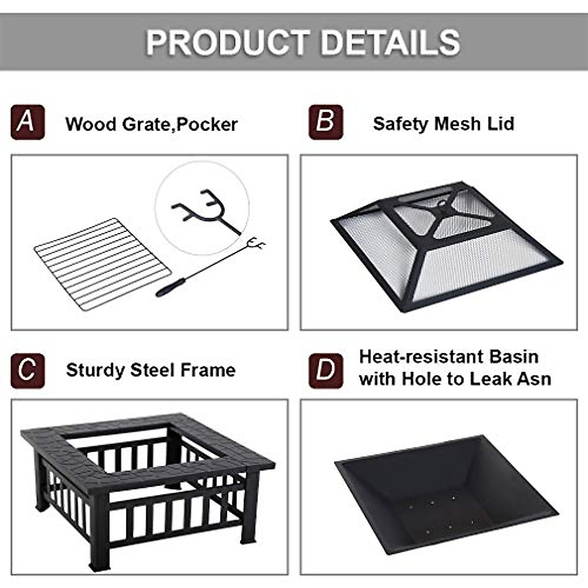 Vnewone 32'' Outdoor Fire Pit Metal Square Firepit Patio Stove Wood Burning for Backyard Garden Camping Picnic Bonfire with Spark Screen Cover, Log Grate, Poker,32" L32 W 14”, Black