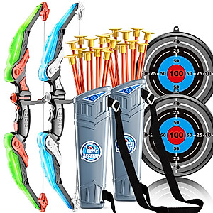 2 Pack Set Bow and Arrow Archery Toy for Kids, LED Light Up with 20 Suction Cup Arrows Target & Quiver, Outdoor Toys Kids Boys Girls Ages 3-12 Years Old