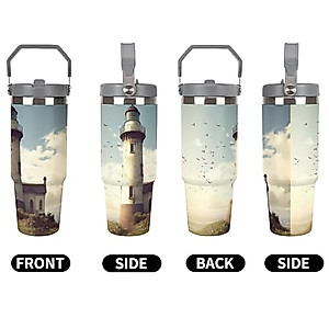 BWQJKUO Large Capacity Car Cup 30 Oz Stainless Steel Old Lighthouse Printed Travel Mug Leak-proof Flip Straw Tumbler with Handle,keeps Cold Or Ho