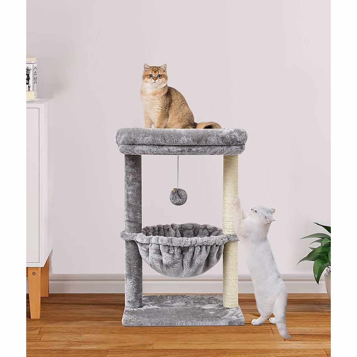 SYANDLVY Small Cat Tree for Indoor Cats, Activity Cat Tower with Scratching Post for Kittens, Cat Bed & Furniture with Basket & Hanging Ball for Play Rest