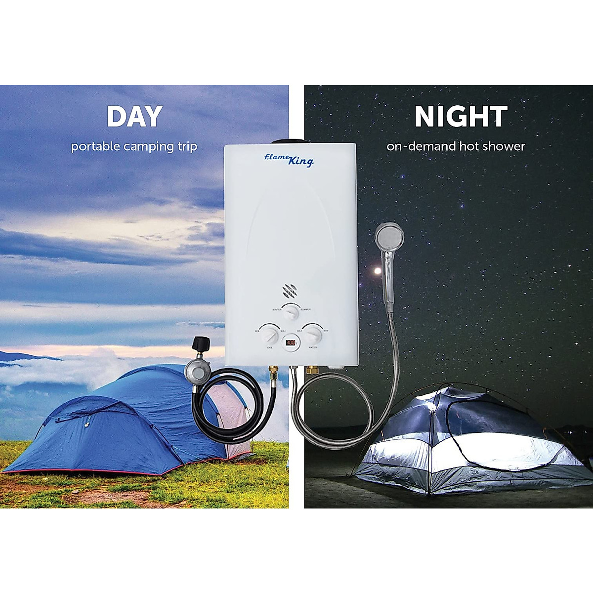 Flame King Portable Tankless Water Heater Propane Gas 10L 2.64 GPM at 68,000 BTU, Outdoor Instant Hot Water Shower for RV, Camping, Farm, Cabins