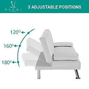 Naomi Home Transform Your Living Space with Comfort White Futon Sofa Bed with Armrest, Cupholders, & Reclining Function, Ideal for Cozy Living Rooms! Sofa Bed Couch with Metal Legs, Faux Leather