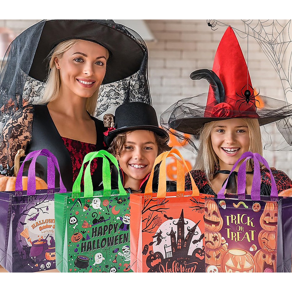 Jaywayang 12Pcs Halloween Trick or Treat Bags, Halloween Tote Bags with Handles for Kids, Halloween Reusable Non-Woven Gift Bags for Gifts Wrapping, Halloween Party Supplies.