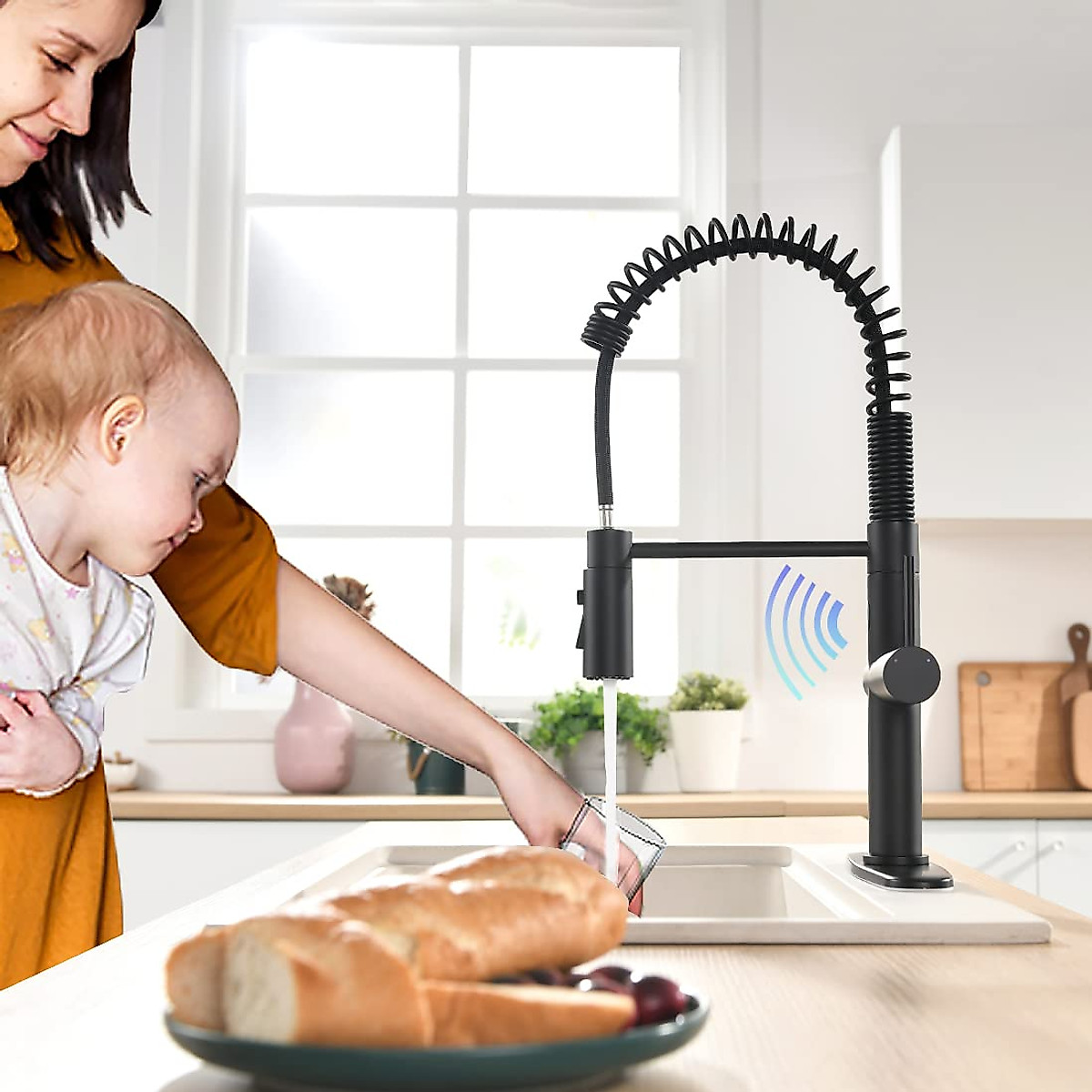 OWOFAN Touchless Kitchen Faucet with Pull Down Sprayer LED Light Single Handle Kitchen Sink Faucet Motion Sensor Smart Hands-Free, Stainless Steel Black 1075R