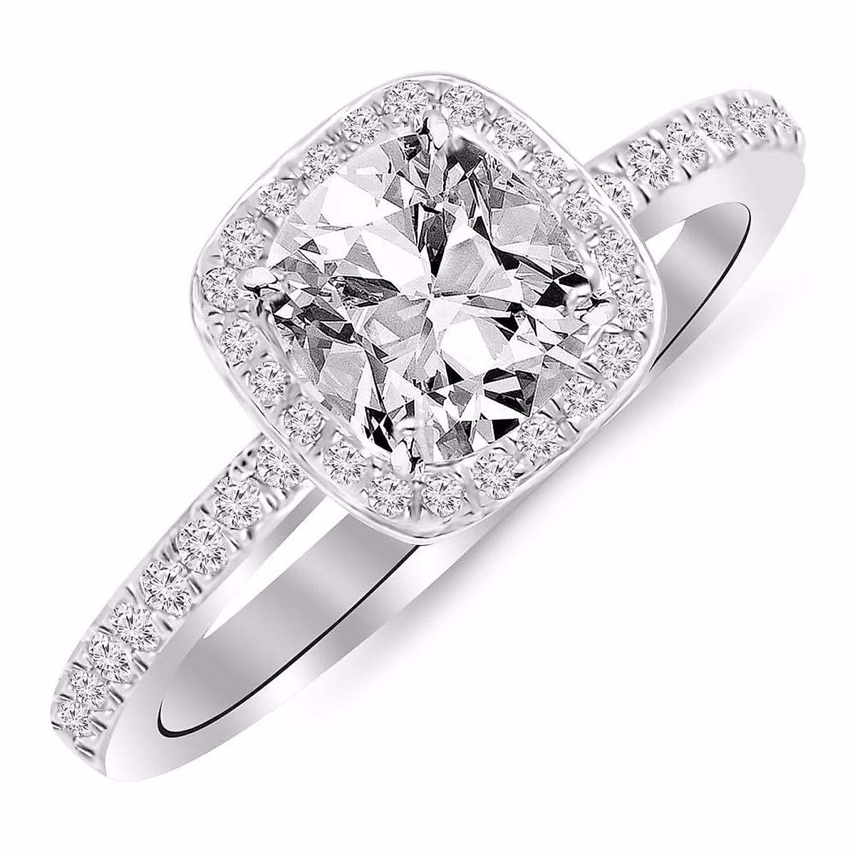 Houston Diamond District 1 Carat t.w. 14K Engagement Ring, Classic Halo Style Cushion Shape with a 3/4 Ct Forever Brilliant Cushion Moissanite Center, White Gold, 7"
