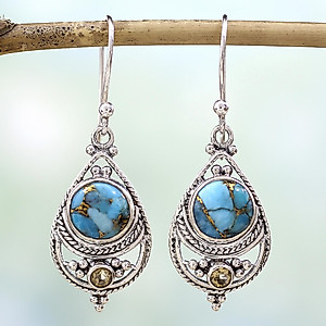 NOVICA Artisan Handmade Citrine Dangle Earrings Composite Turquoise from India [6.75 in min L x 8 in max L 1 mm W Pendant(s) 0.4 in L x 0.8 in W x 0 in D] ' Azure Heaven'