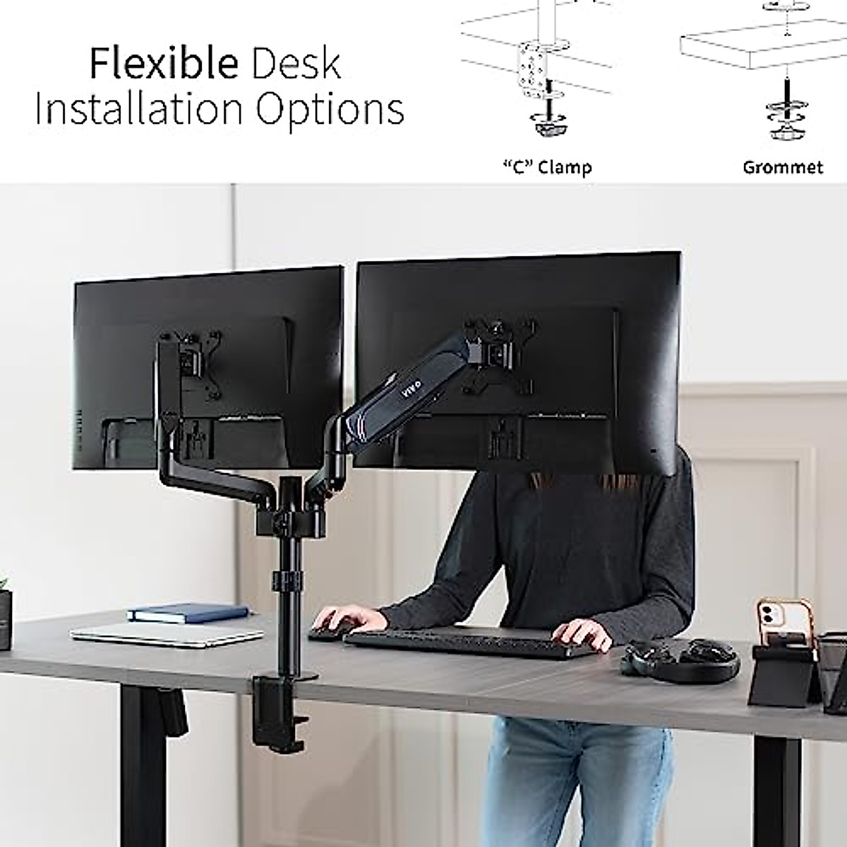 VIVO Dual Monitor Arm Mount for 17 to 32 inch Screens - Pneumatic Height Adjustment, Full Articulating Tilt, Swivel, Heavy Duty VESA Stand with Desk C-clamp and Grommet Option STAND-V002K