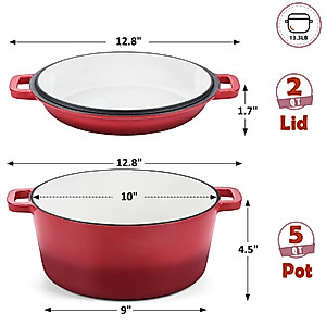 TeamFar 2-In-1 Enameled Cast Iron Dutch Oven, 5 Quart Dutch Oven Pot Cookware with Skillet Lid for Bread Baking Braising Stewing Roasting, Heavy-Duty & Nonstick, Oven Safe & Fit for Induction (Red)