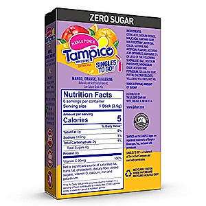 Tampico Singles To Go Drink Mix Packets, Mango Punch, Zero Sugar, Low Calorie, 100% DV of Vitamin C per Serving, Convenient, On-The-Go Water Enhancers, 6 sticks, Pack of 1