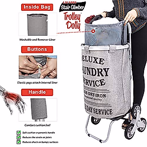 dbest products Stair Climber Laundry Trolley Dolly, Grey Laundry Bag Hamper Basket cart with wheels sorter