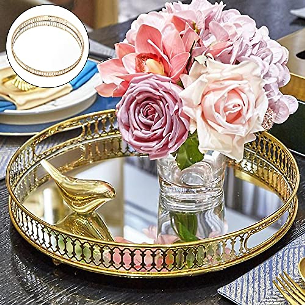 GEEKLLS Breakfast Tray Gold Iron Exquisite Glass Mirror Base Tray Bedroom Desktop Jewelry Cosmetics Storage Tray Living Room Fruit