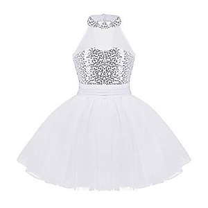 iEFiEL Kids Girls' Sequined Camisole Ballet Tutu Dress Ballerina Leotard Outfit Dance Wear Costumes White 5-6