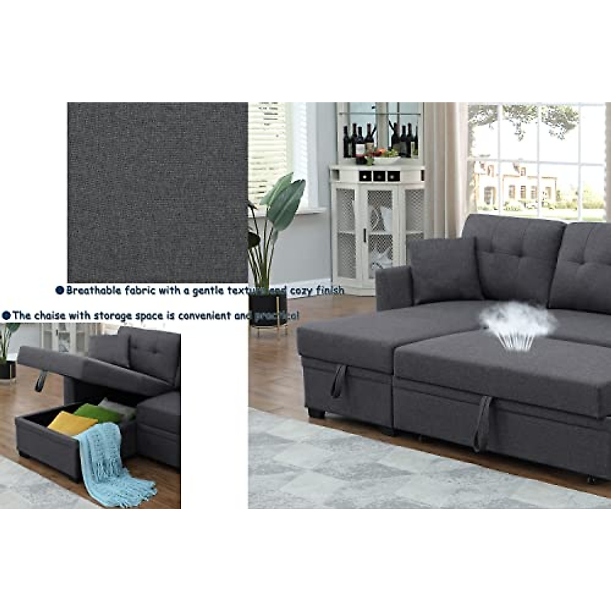 Payeel Sectional Sofa with Pull-Out Bed and Storage Chaise Lounge 81.5" Reversible Furniture Contemporary L-Shaped Fabric Sleeper Sofa for Living Room (Dark Gray)