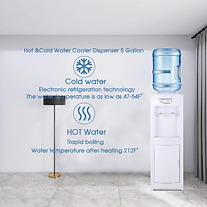 Water Cooler Dispenser 5 Gallon, Cold & Hot Water Cooler Dispenser Top-Loading Water Cooler 5 Gallon Children Safety Water Dispenser with Removable Drip Tray & Storage Cabinet for Home Office (White)
