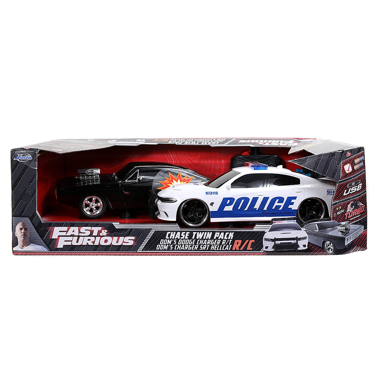 Jada Fast & Furious Chase Twin Pack- Dom's Dodge Charger R/T & Dodge Charger SRT Hellcat, Police & Chase Car Rc, USB Charged, Black and White