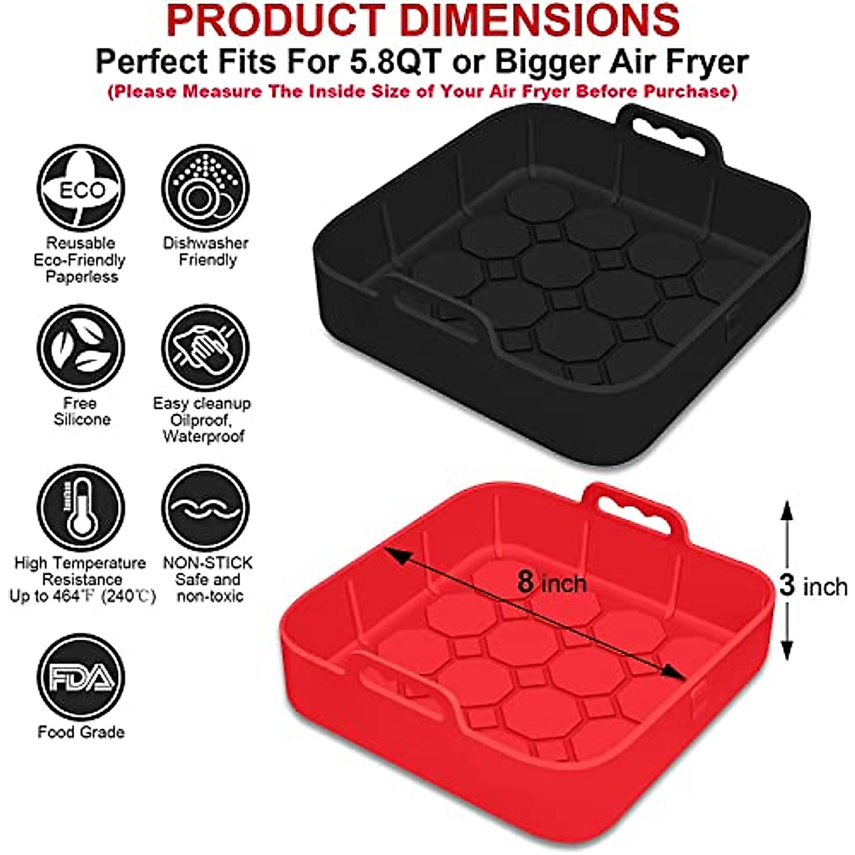 Air Fryer Silicone Pot, 2Pcs 8" Square Air Fryer Silicone Liners Food Safe Non Stick Air fryer Basket Accessories, Reusable Replacement of Parchment Liner Paper Fits 5.8QT or Bigger Square Air Fryer