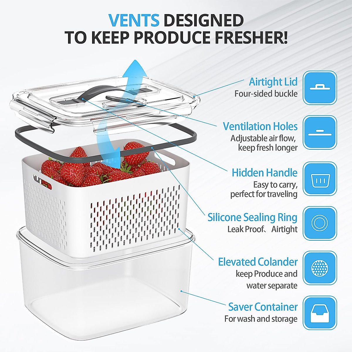 damynuo 10Pack Fruit Storage Containers for Fridge - Fridge Organizers and Storage with Vent and Handle Lids, Fruit Containers for Fridge with Colander, Refrigerator Organizers and Storage Keep Fresh
