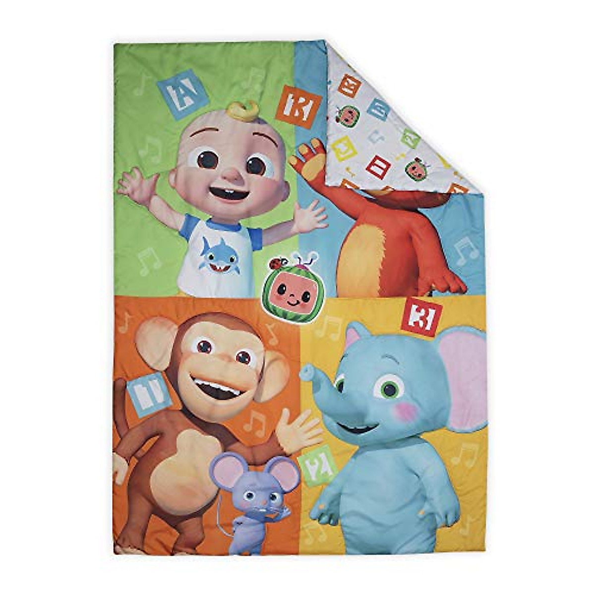 CoComelon 4 Piece Toddler Bedding Set - Includes Quilted Comforter, Fitted Sheet, Top Sheet, and Pillow Case - Letters and Music Design