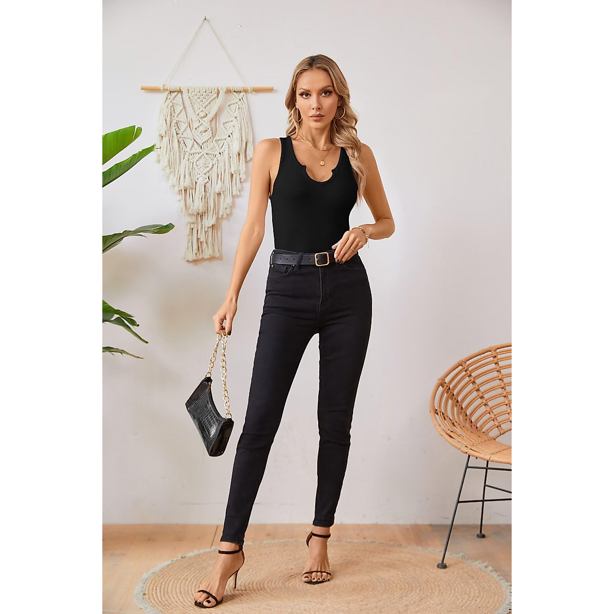 VICHYIE Womens Tank Top Round Neck Basic Ribbed Racerback Blouse Sleeveless Slim-Fit Shirts Black S