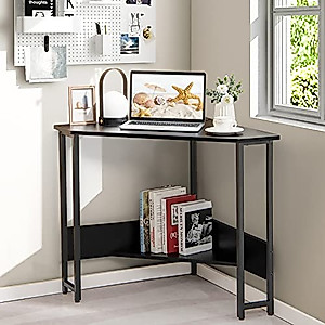 Tangkula Corner Desk with Power Outlet & USB Ports, Triangle Computer Desk with Charging Station, Storage Shelf, Space Saving Writing Desk, Vanity Table, Corner Desk for Small Space (Black)