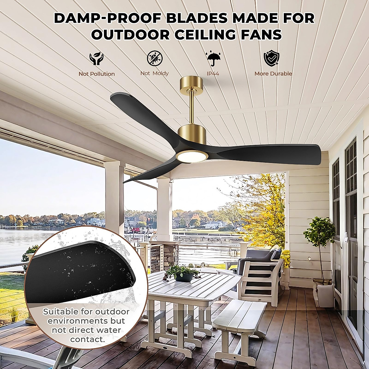 BOOSANT Ceiling Fans with Lights, Ceiling Fans with Lights and Remote Control, 52 inch Ceiling Fan with Light, Outdoor Ceiling Fans for Patios 3 Blade Bedroom Living Room-Matte Black and Gold