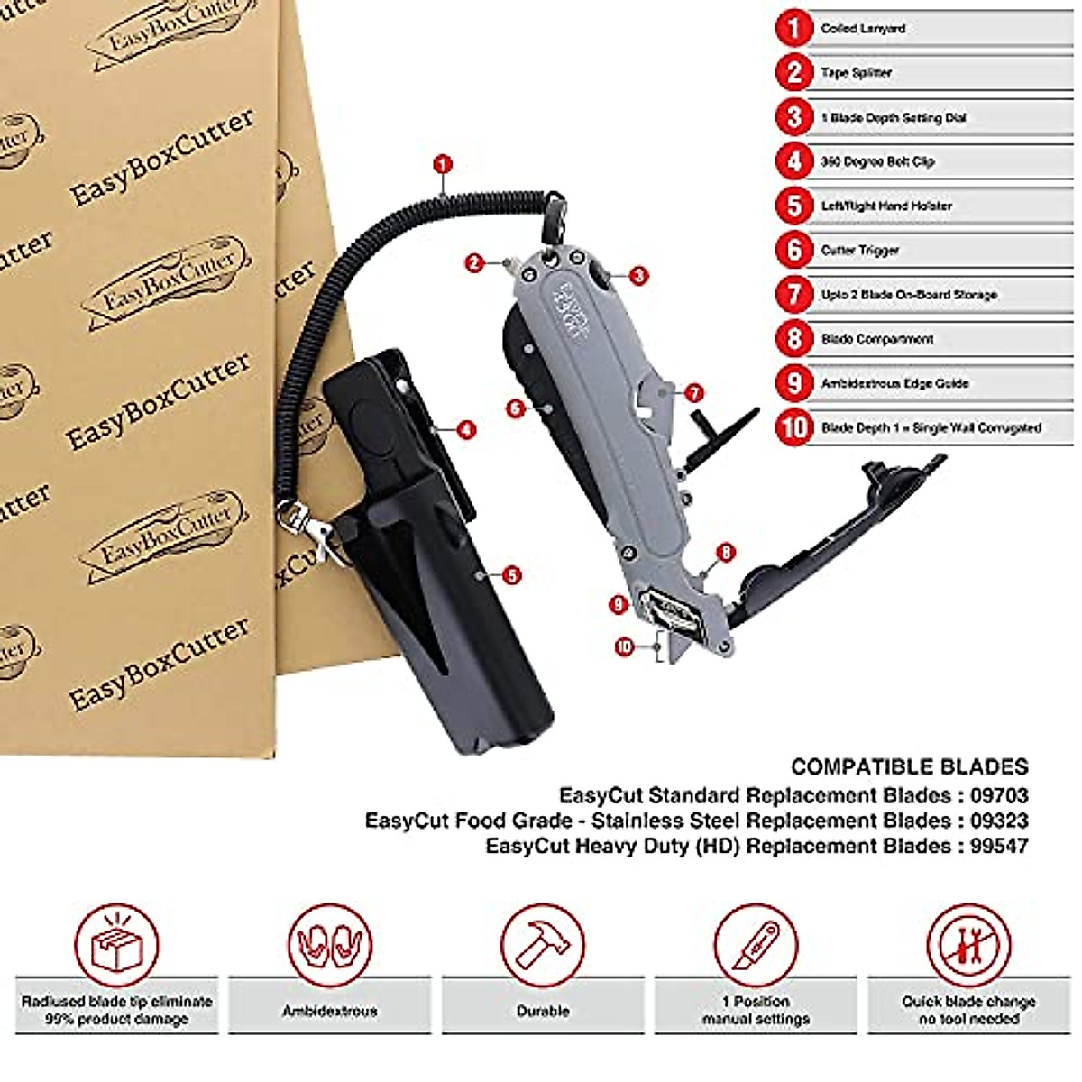 Modern Box Cutter, auto retract, blade vanishing technology, extra tape cutter at back, dual side edge guide, 1 blade depth setting, 2 blades and holster - Grey/Black Color 4500