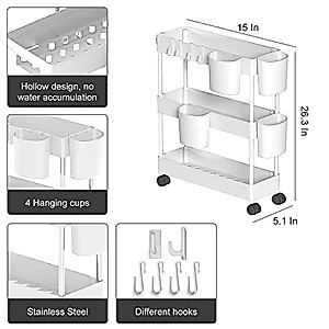 TiLeMiun 3-Tier Storage Rolling Cart Storage Utility Cart Rolling Multifunctional Organizer Mobile Shelving Unit Storage Shelves Slide Out Trolley Cart Bathroom