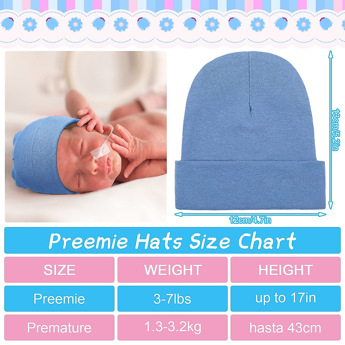Newcotte 6 Pcs Preemie Baby Hats Cotton Preemie Caps Warm Newborn Beanie Premature Hat for Nicu Premature Boy Girl(Classic Color,Single Style)