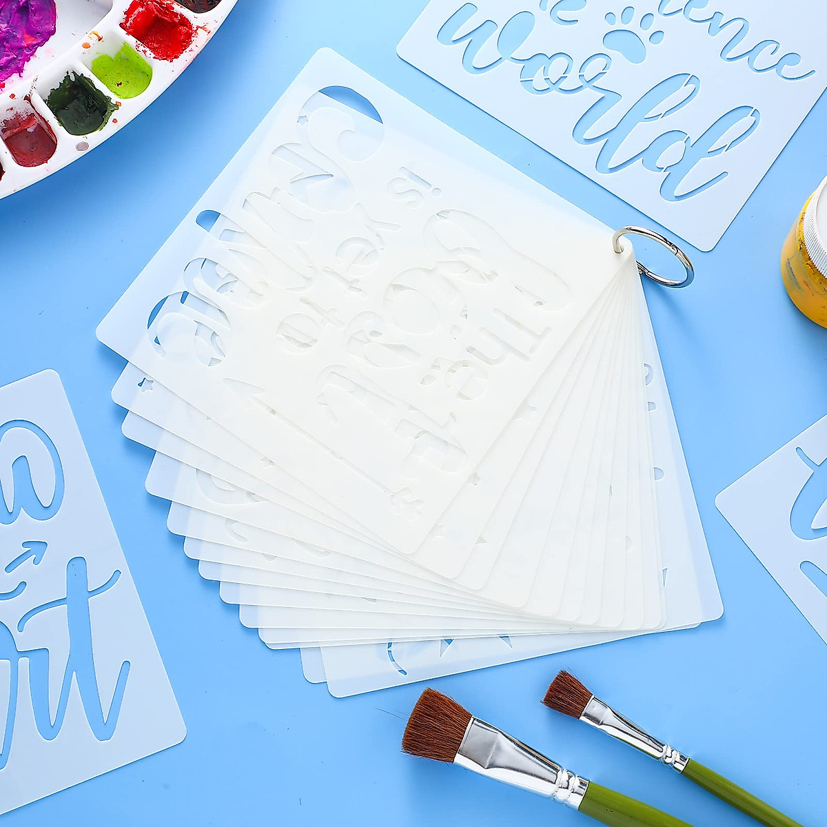 16 Pieces Stencils for Painting Inspirational Word Stencil Kit Motivational Stencils Reusable Polyester Film Template Stencils with Open Ring for Painting on Wood Wall Home Decor(6.3 x 6.3 Inches)
