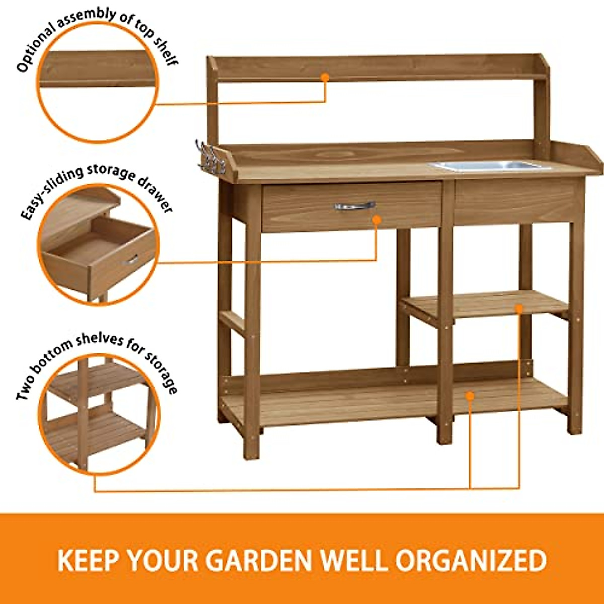 MUPATER Potting Bench Garden Table for Outdoors with Removable Stainless Sink, Planting Work Bench with Storage Shelves and Drawer, Natural Wood