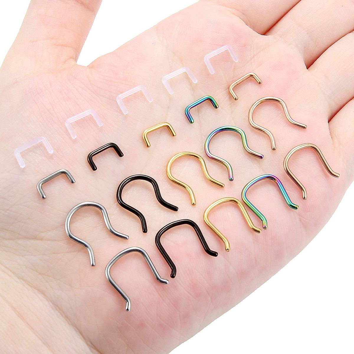 Ftovosyo 20pcs 16G Clear Flexible Septum Retainer Plastic & Surgical Steel Nose Septum Ring Piercing Jewelry for Women Men Bioflex Silver-tone Rose Gold Black