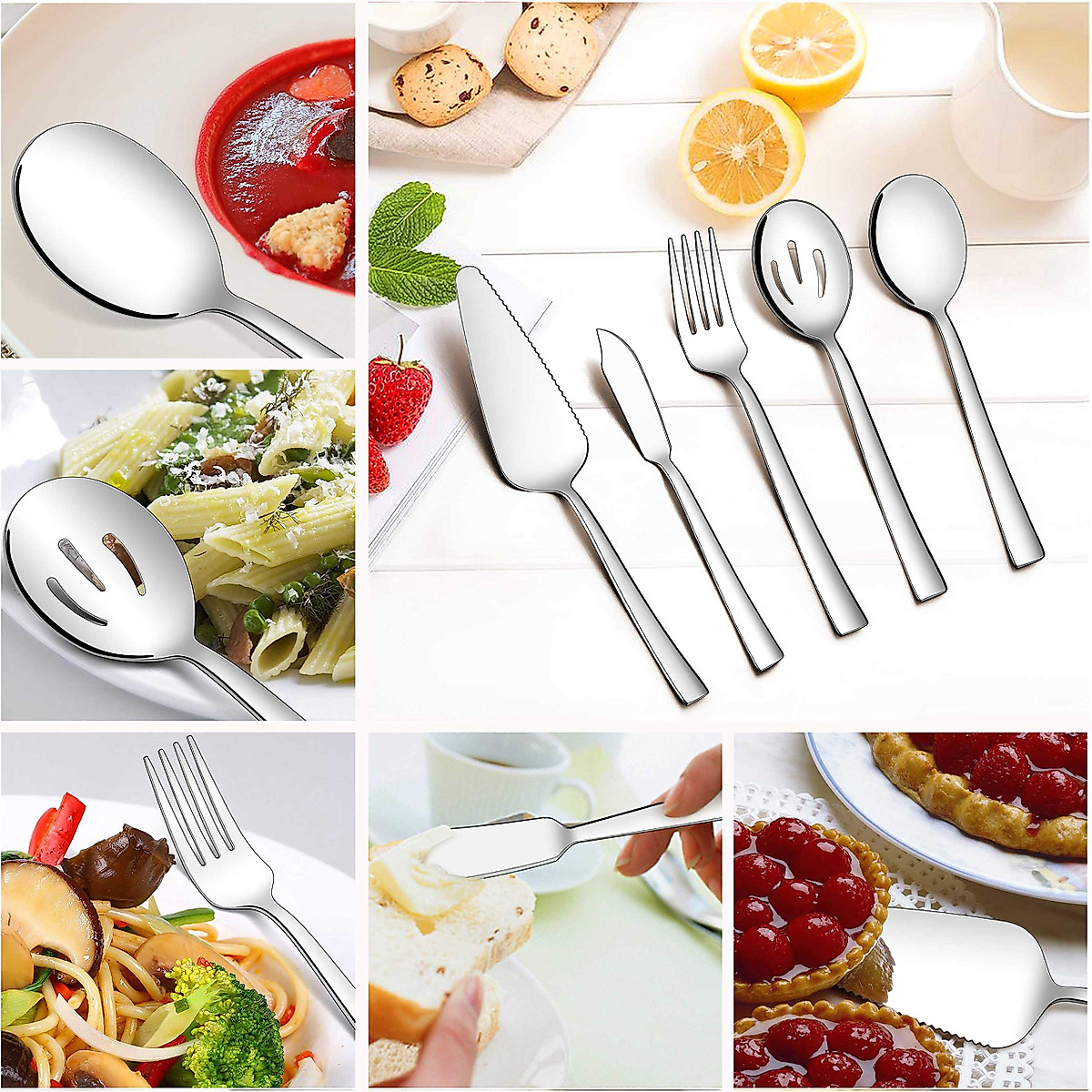 Homikit 5-Piece Silverware Serving Utensils Set, Stainless Steel Square Flatware Hostess Set Include Pie Server Serving Spoons Butter Knife Serving Fork, Dishwasher Safe, Mirror Polished