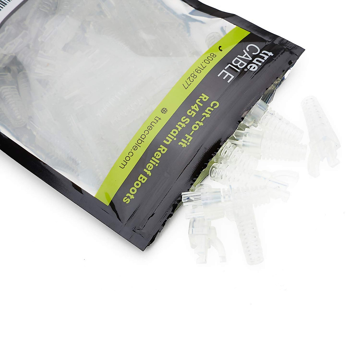 trueCABLE RJ45 Strain Relief Boots, Large 5.5 to 7.0mm Cut-to-Fit PVC Plug Cover, Transparent, 100 Pieces