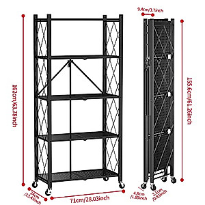 Mochubang Foldable Storage Shelves Unit, 5 Tier Folding Shelf Steel Shelving Rack with Wheels for Mobile Storage in Kitchen, Warehouse, Closet, Patio, Pantry, No Assembly, 1250 lbs Capacity, Black