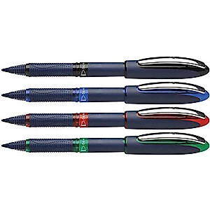 Schneider One Business Rollerball Pen, 0.6 mm Ultra-Smooth Tip, Blue Barrel, Four-Pack, One Each of: Black, Red, Blue, Green (183094)