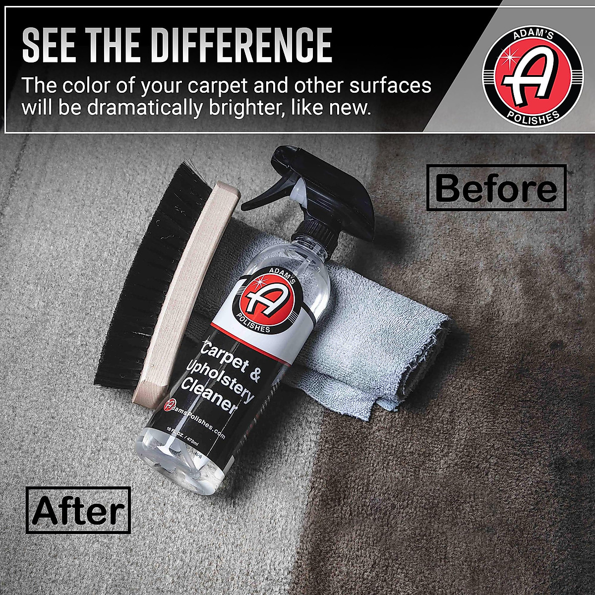 Adam's Carpet & Upholstery Cleaner (16oz) - Powerful Car Carpet Cleaner For Auto Detailing, Cloth, Upholstery & Fabric Interior Cleaner Solution, Stain Remover Shampoo For Car Seat, Floor Mats & More