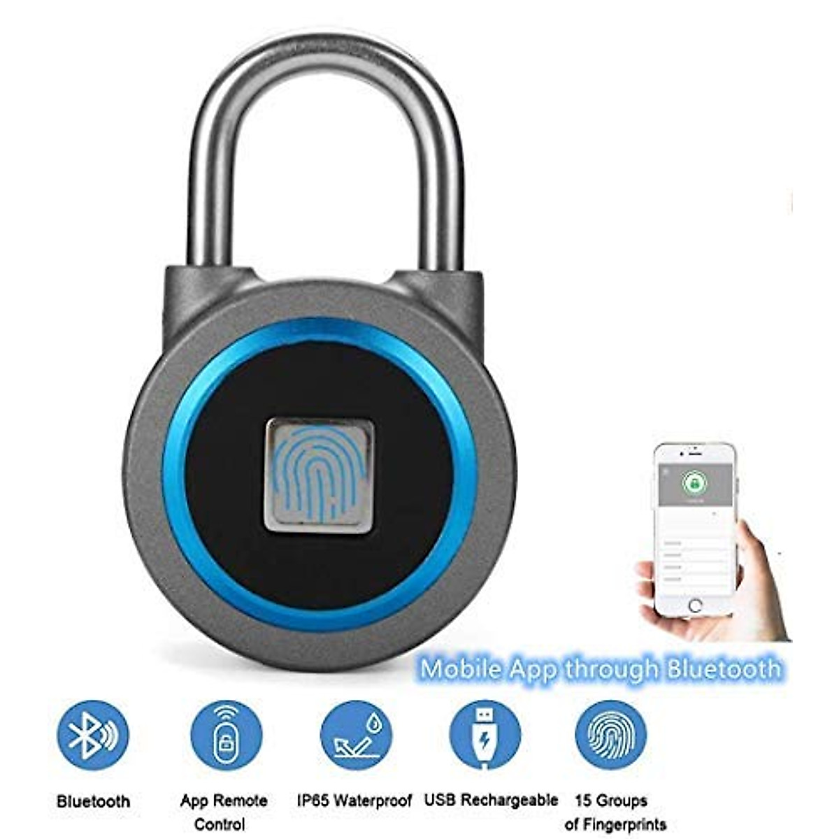 Smart Fingerprint Lock, Bluetooth Padlock, Keyless Biometric Lock, Waterproof, USB Rechargeable, Portable, Gym Locker, Door,Bike Shed, Outdoor