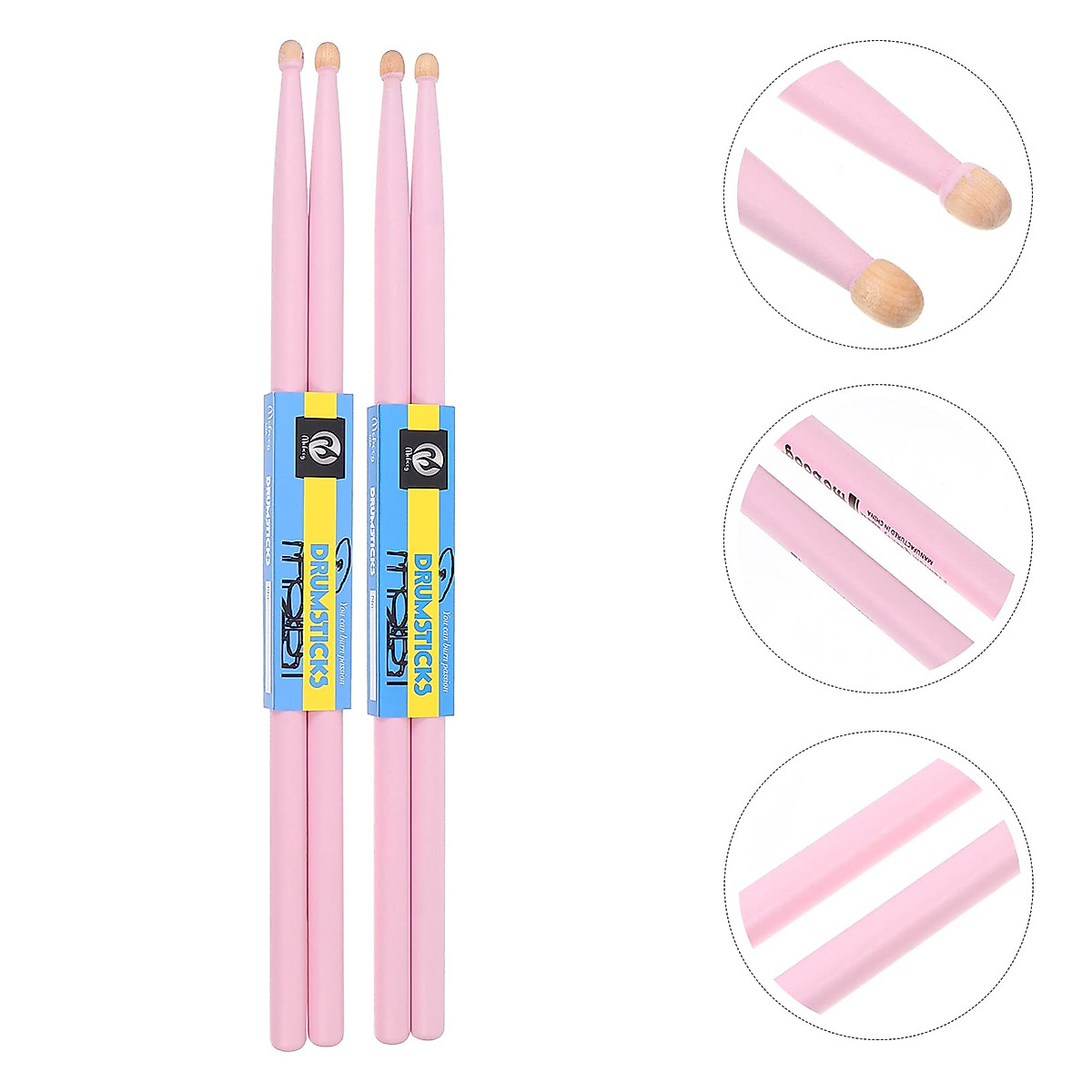 MILISTEN 2 Pairs Pink Maple Percussion Drum Sticks Maple Wood Drumsticks Non Slip Drum Sticks Wood Tip Maplewood Drumstick for Kids Students and Adults