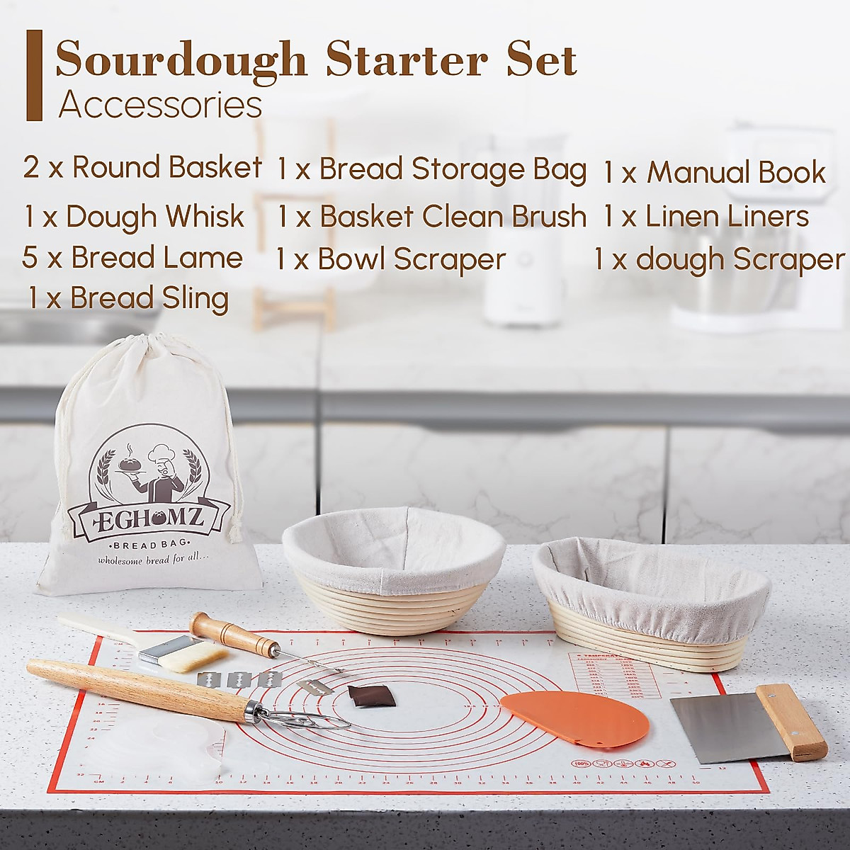 17 Pieces Banneton Bread Proofing Basket Set - 9 inch Round and 10 inch Oval Sourdough Bread Proofing Baskets - A Complete Bread Making Kit, Danish Whisk, Bowl Scraper, Dough Scraper, & Bread Lame