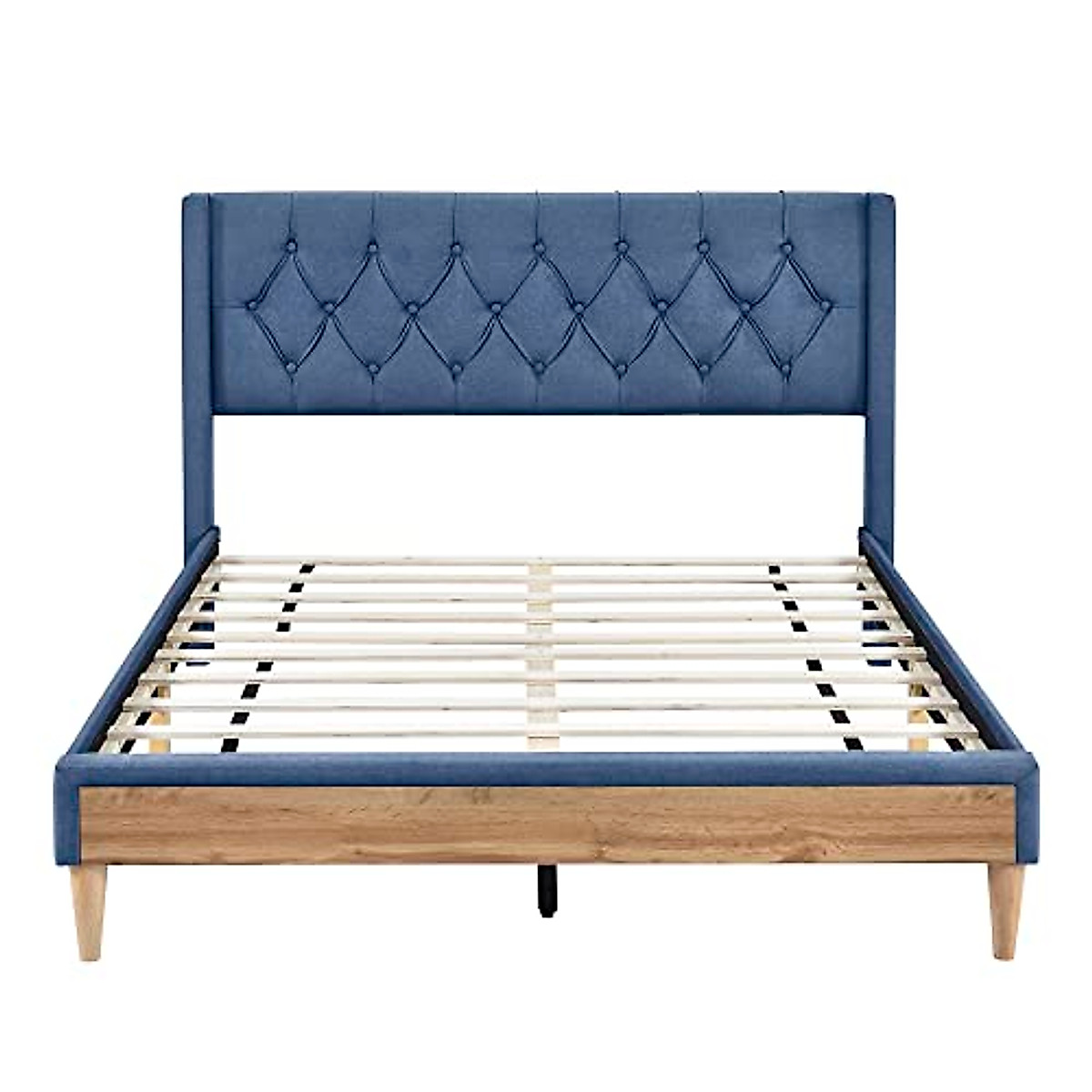 Lifeand Full Size Upholstered Platform Bed with Rubber Wood Legs,No Box Spring Needed, Linen Fabric,Blue