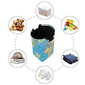 Baofu World Map Laundry Hamper Large Dirty Foldable Clothes Bags Waterproof Durable Lightweight Oxford Round Collapsible Storage Basket Organization with Handles for Home Bathroom Bedroom