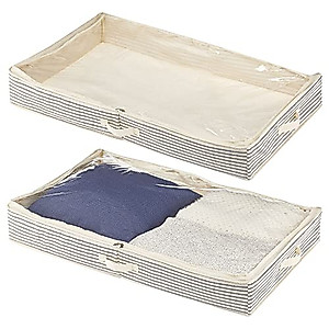 mDesign Soft Fabric Under Bed Storage Organizer Holder Bag for Clothing, Accessories, Linen - Easy-View Top Panel, Attached 2-Way Zippered Lid, Side Handles - 2 Pack - Natural/Cobalt Blue