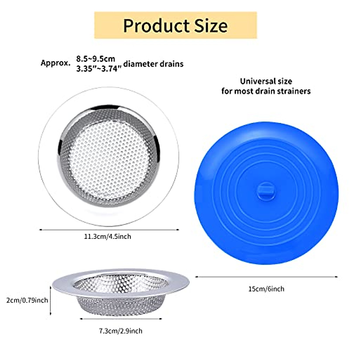 4pcs Sink Strainer and Silicone Stopper Kit, 4.5 Inch Wide Rim Drain Basket,Sink Strainers for Kitchen Sinks,Stainless Steel Sink Filter, Garbage Disposal Stopper,Universal Rubber Drain Stopper YLARMY