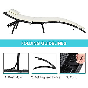 SAWQF 3-Piece Outdoor Terrace Furniture Set 2 Folding Bed 1 Folding Coffee Table Black PE Cane Iron Frame 4 Lines