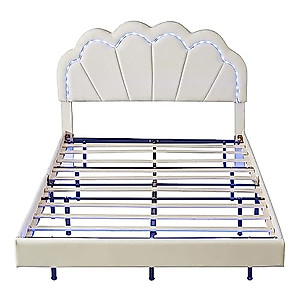 Harper & Bright Designs Floating Upholstered Full Platform Bed with LED Lights and Flowers Headboard. Velvet Full Size Bed Frame with Wooden Slats Support, No Box Spring Needed (Full, Beige)