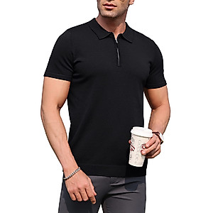 RQP Mens Zipper Polo Shirts Knit Wrinkle Free Casual Shirts Short/Long Sleeve,Stretch Fit Golf Shirts,Soft pullove，Black XL