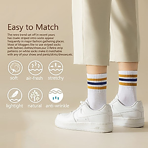 Mottee&Zconia Quarter Crew Sock for Womens/Mens Retro Vintage Old School Vibe Cotton Strips White Socks 6 pack