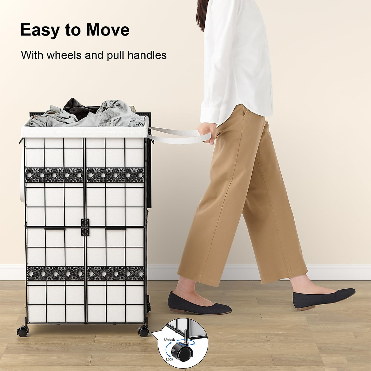 SHIISEWE Laundry Basket with Wheels, Large Metal Laundry Hamper with Lid and Removable Laundry Bag, Collapsible Tall Laundry Hamper, 90L Laundry Basket Organizer for Bedroom, Bathroom