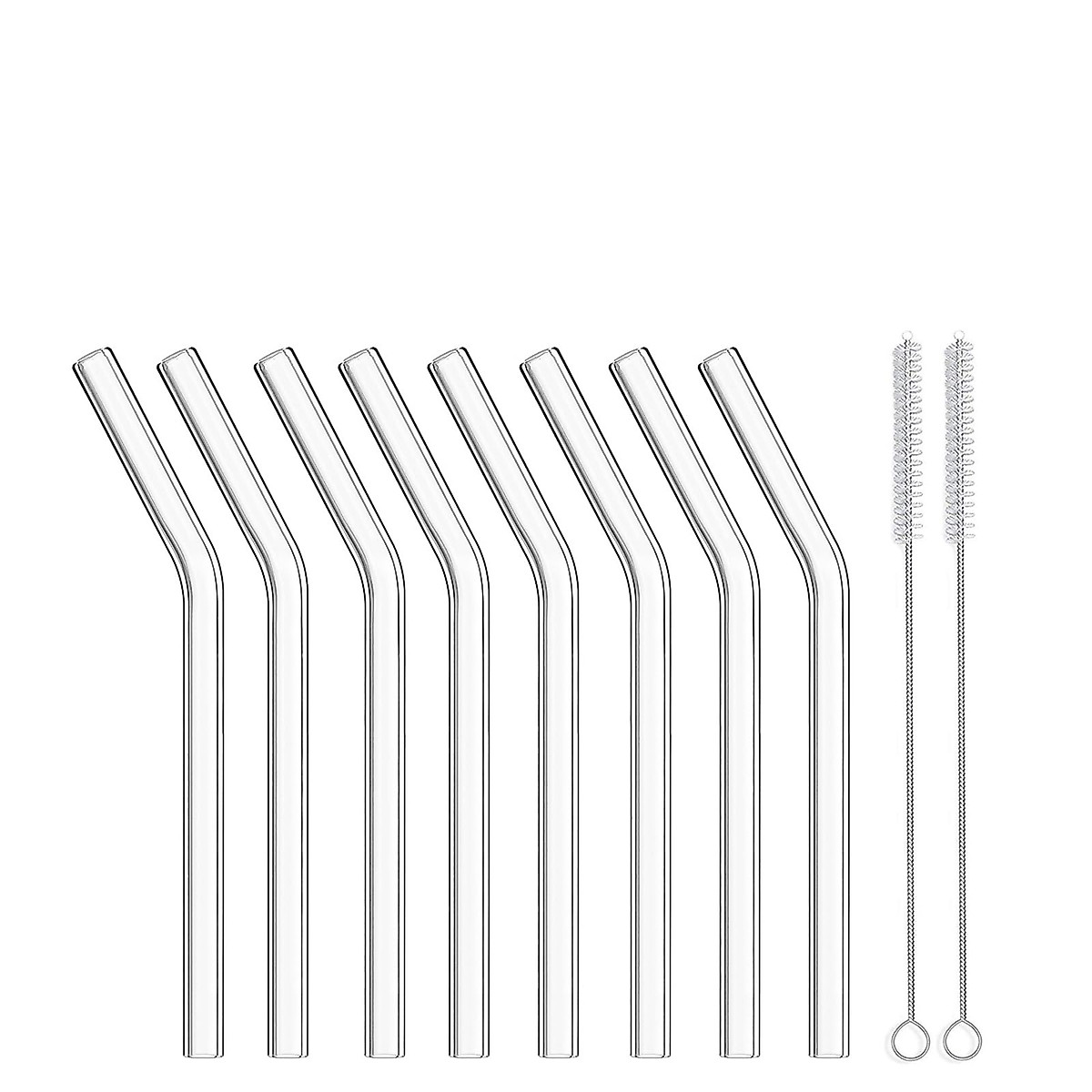 ALINK Short Bent Glass Straws, 6 in x 10 mm Reusable Clear Glass Curved Cocktail Straws for Whiskey, Coffee, Soda, Water, Pack of 8 with Brush